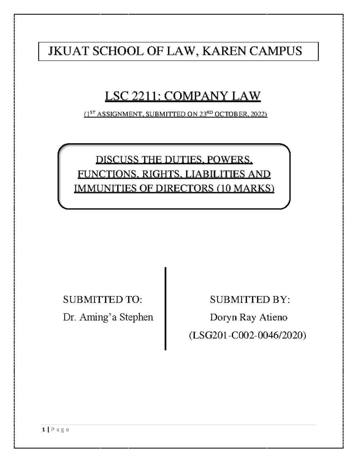 LSC 2 211: Assignment 1 on Directors' Duties, Rights, and Liabilities ...