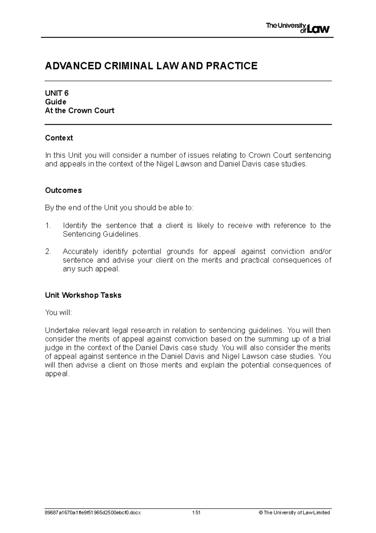 Advanced Criminal Law & Practice: Unit 6 Handout & Answers for WS - Studocu