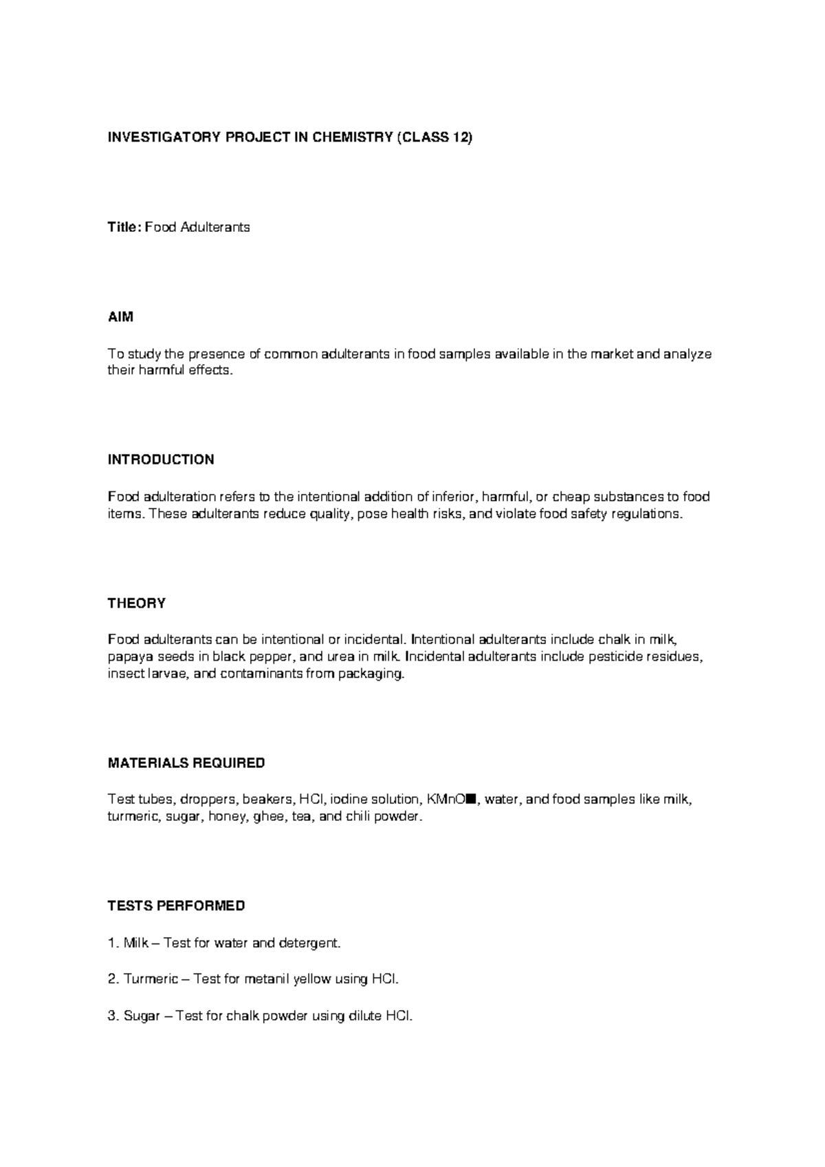 Investigatory Project on Food Adulterants in Chemistry (Class 12) - Studocu