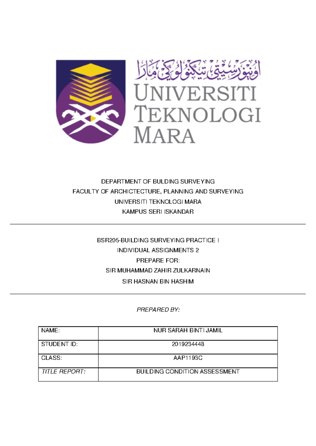 BSR205 Building Condition Assessment Report: Individual Assignment 2 ...