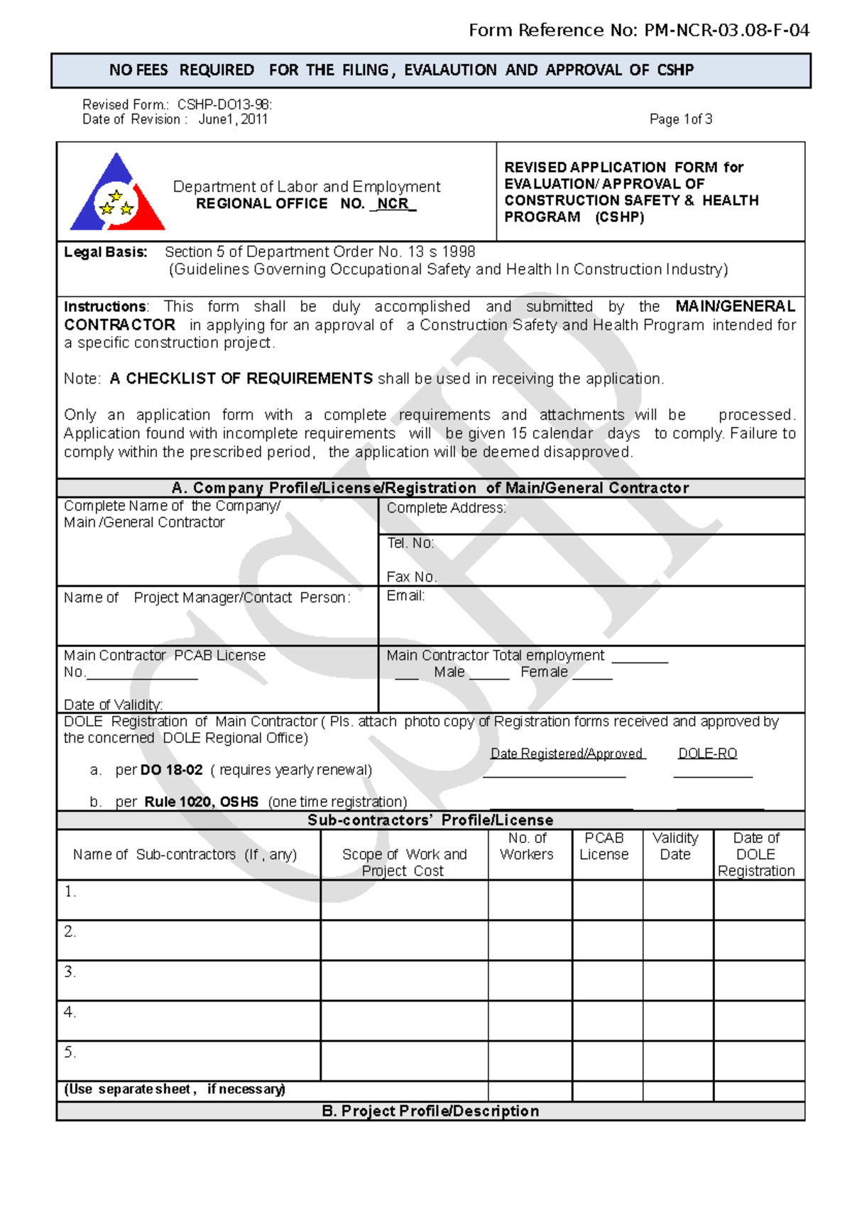 Revised Application Form for CSHP Approval - PM-NCR-03.08-F - Studocu