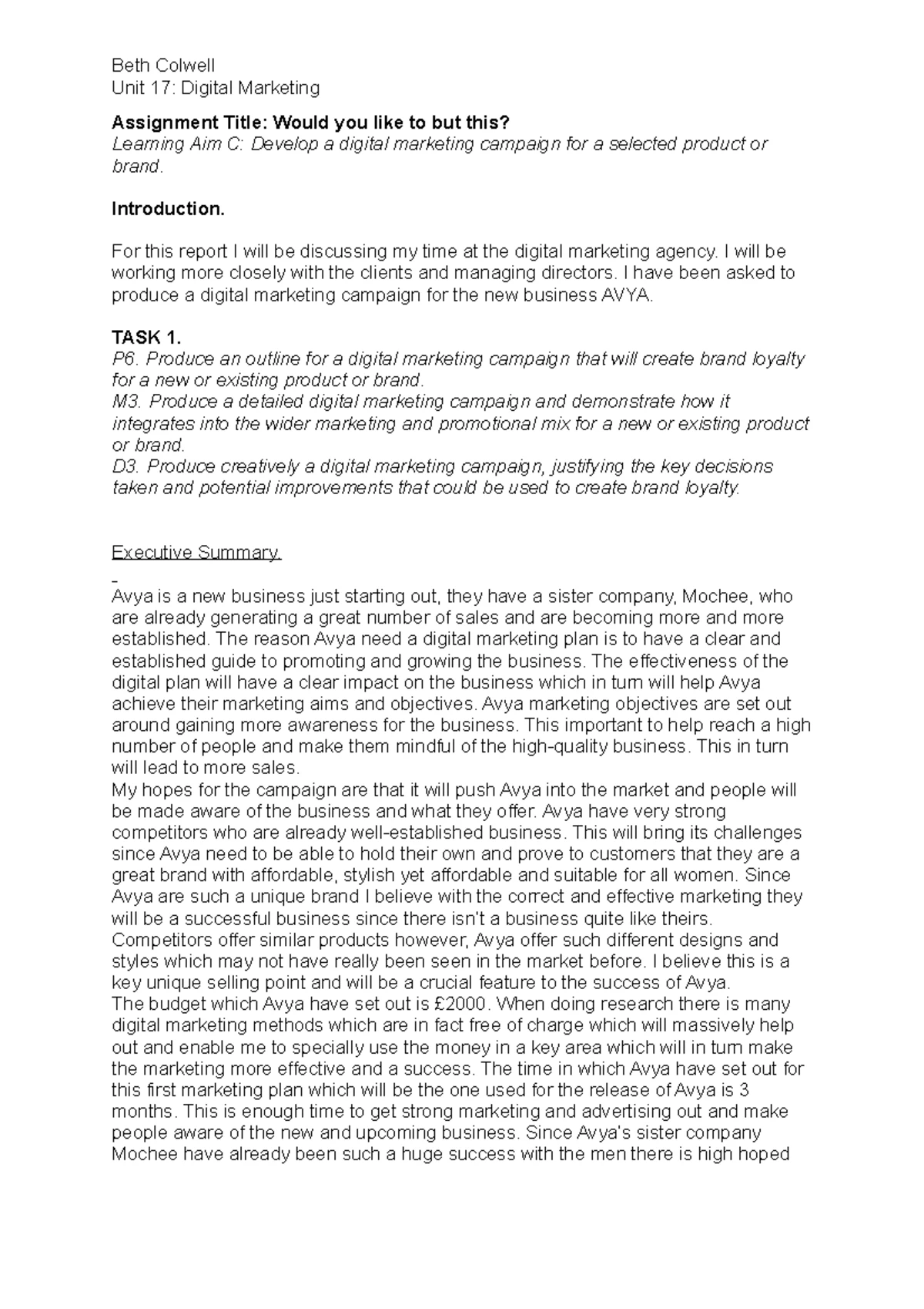 Level 3 Business Unit 1 assignment 1 - Unit One: Exploring Business Assignment Title: Features ...