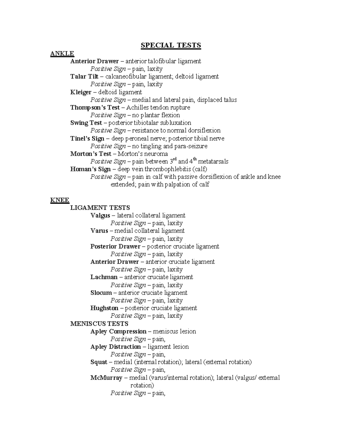 Common Special Tests for MSK - Ankle, Knee, Hip, Shoulder, and Wrist ...