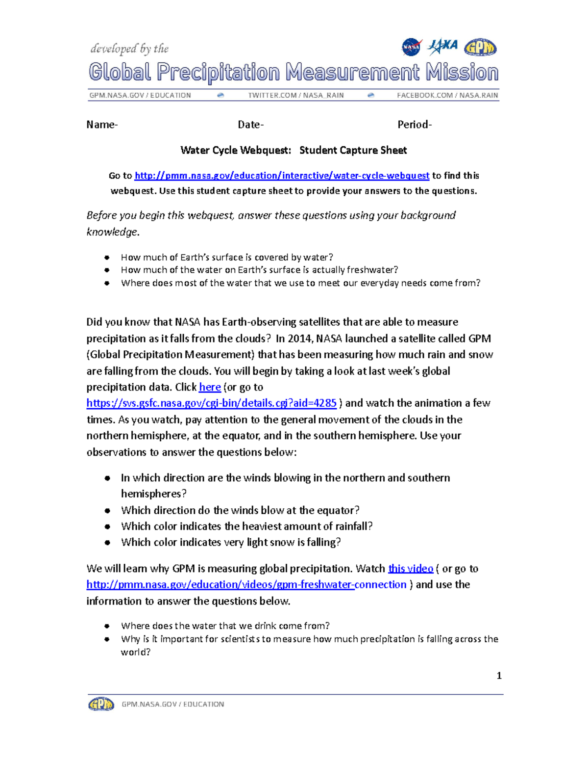 Water Cycle Webquest Capture Sheet Revision for Earth Science - Studocu