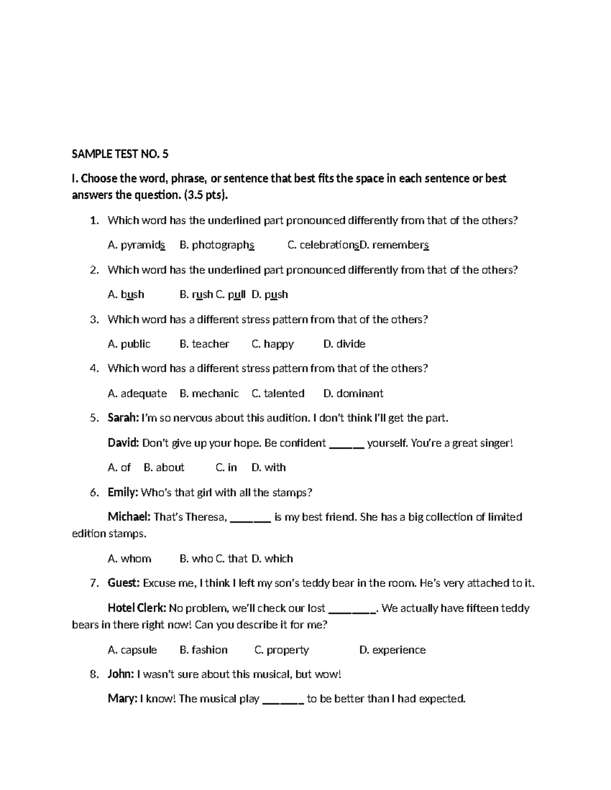 Sample Test No. 5: English Language Proficiency Assessment - Studocu