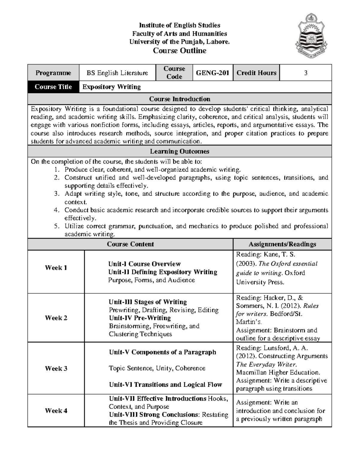 GENG-201 Expository Writing Course Outline and Learning Outcomes - Studocu