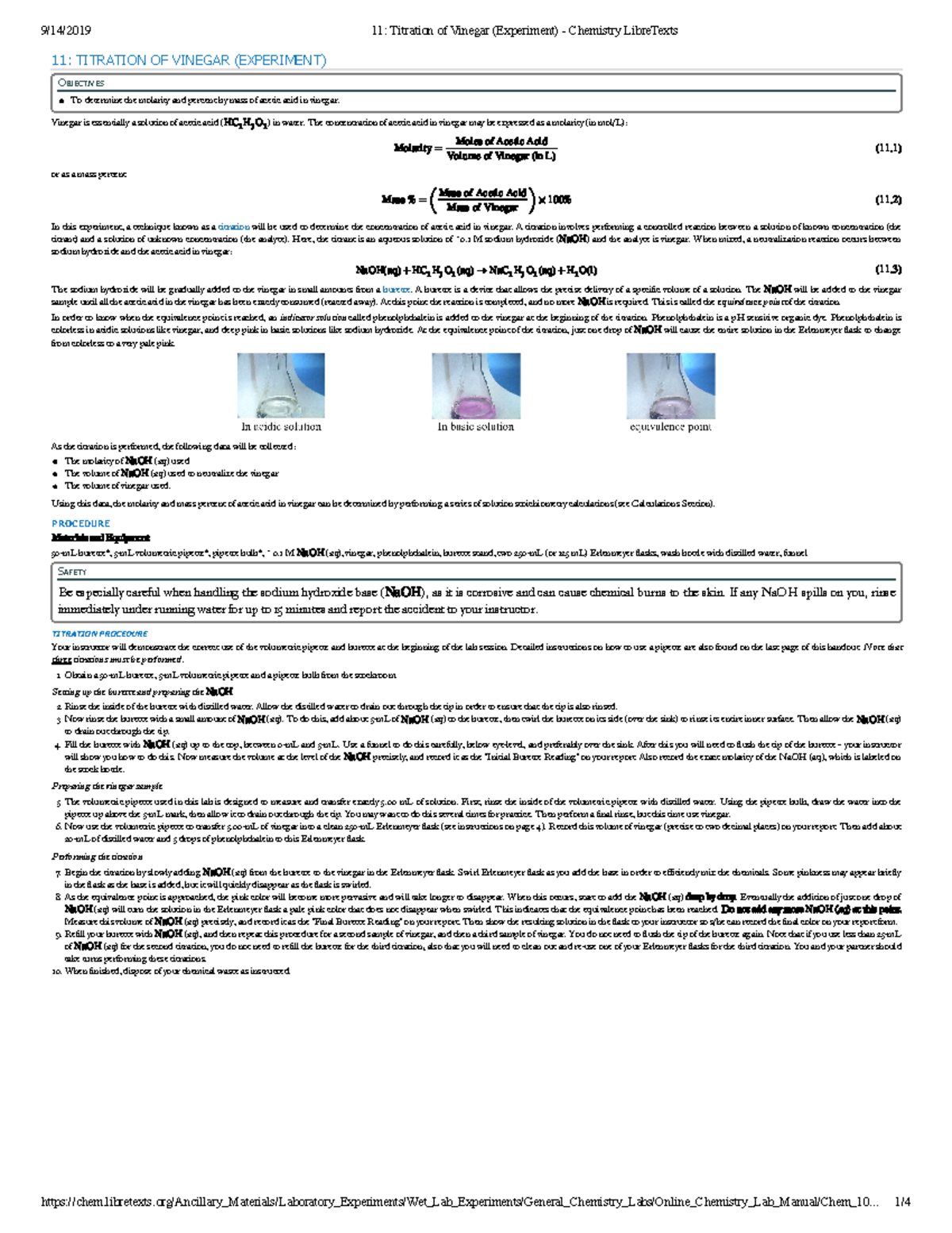 Titration of Vinegar Experiment (CHEM 11) - Chemistry LibreTexts - Studocu