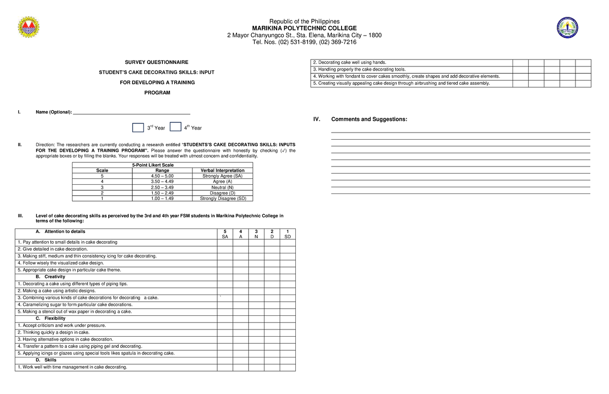 Cake Decorating Skills Assessment Questionnaire: For 3rd and 4th Year ...