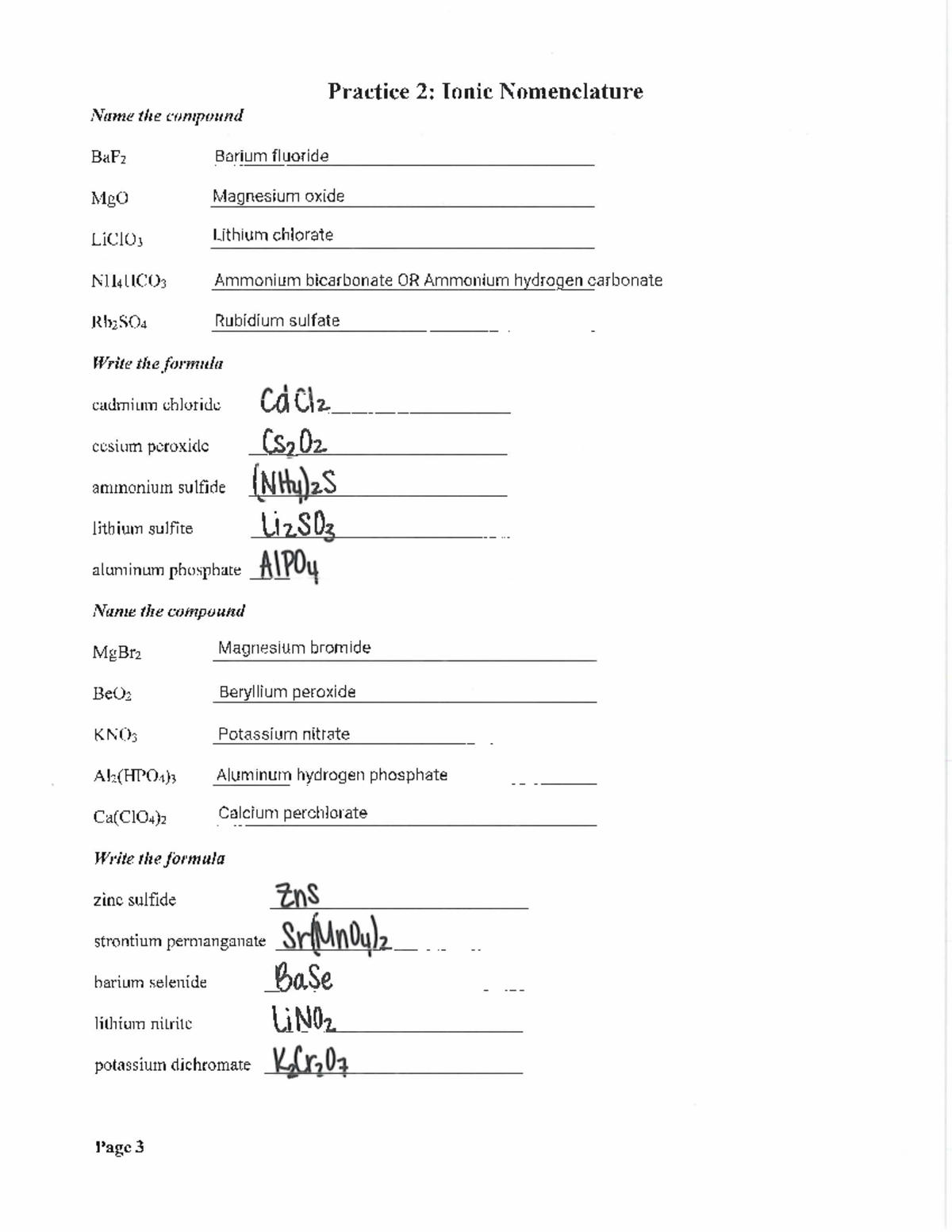 KEY Nomenclature Practice 2 - Ionic - Practice 2: Ionic Nomenclature ...