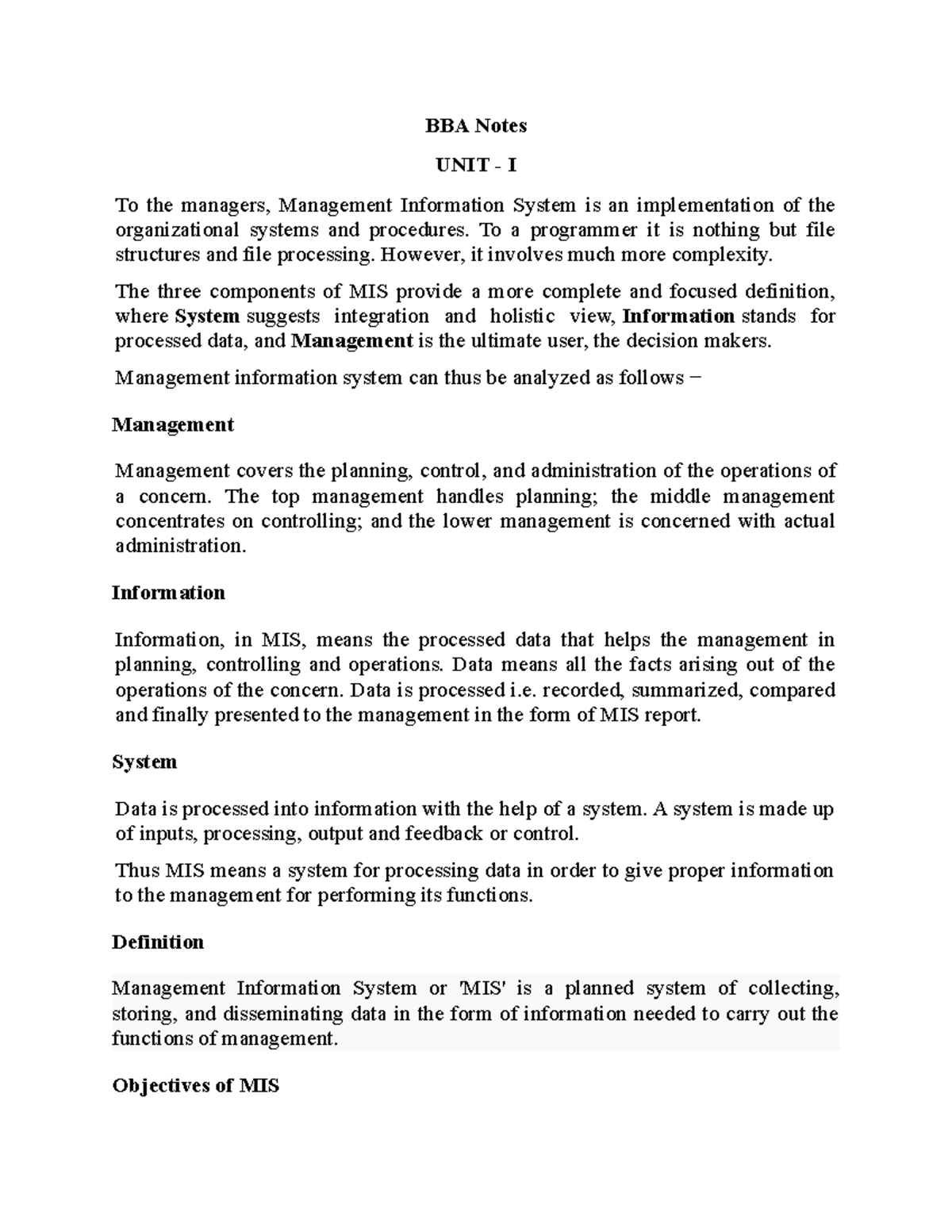 BBA Management Information System Notes - Unit I Overview - Studocu