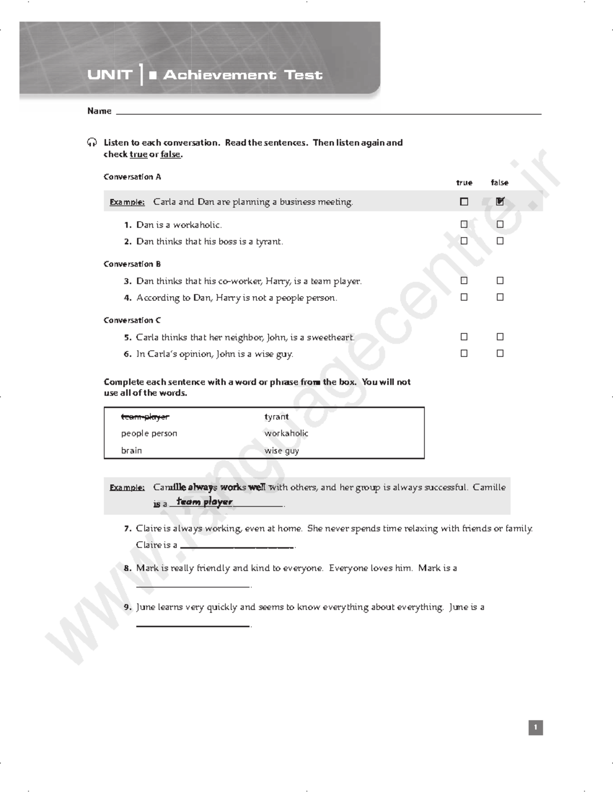Summit-1-Unit-1 Achievement Test: Conversations & Personality Types ...