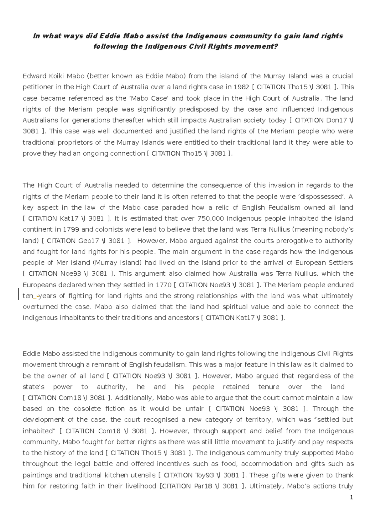 MABO CASE Final Essay: Eddie Mabo's Impact on Indigenous Land Rights ...