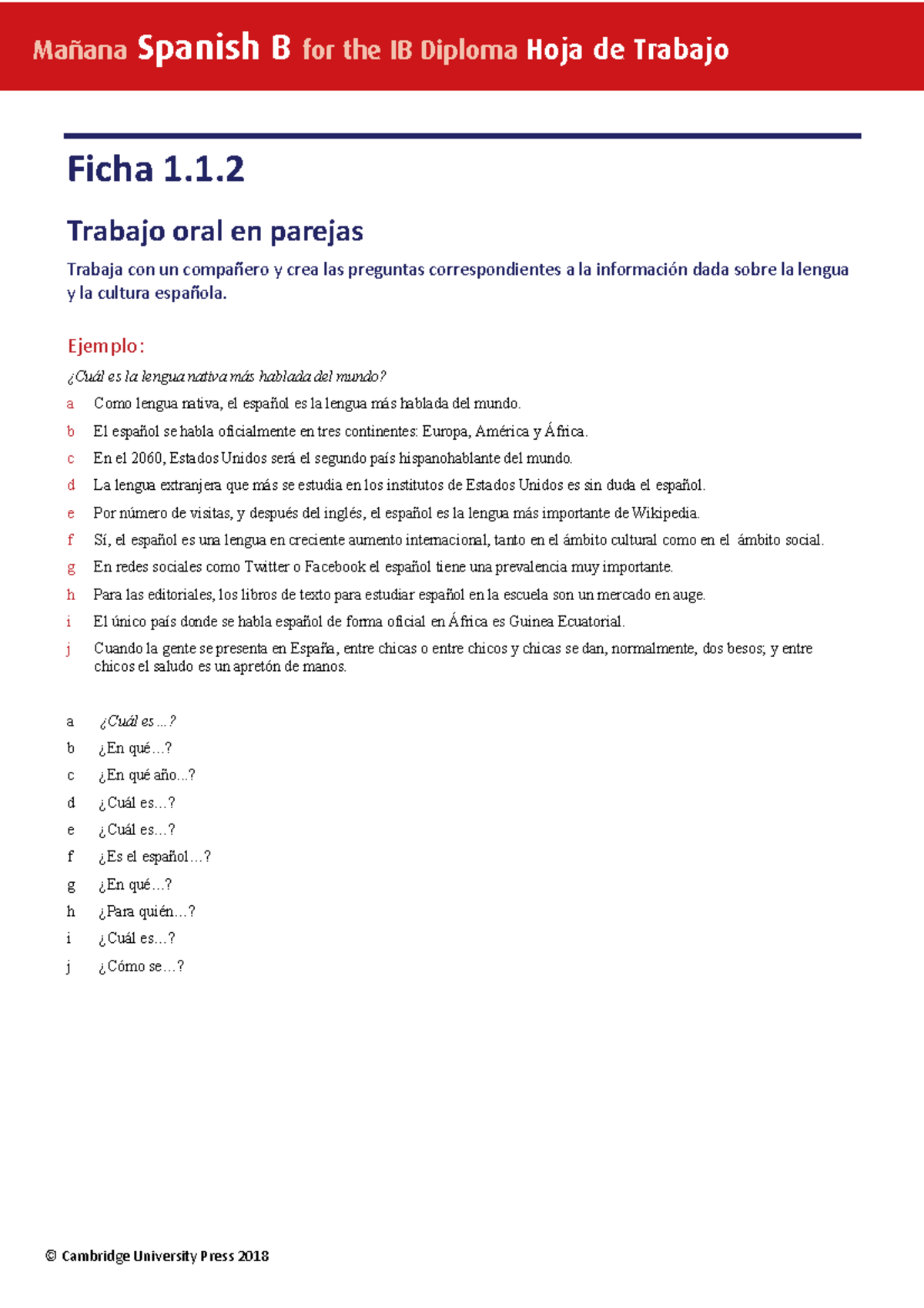 Mañana Spanish B IB Diploma: Trabajo Oral en Parejas Ficha 1.1.2 - Studocu