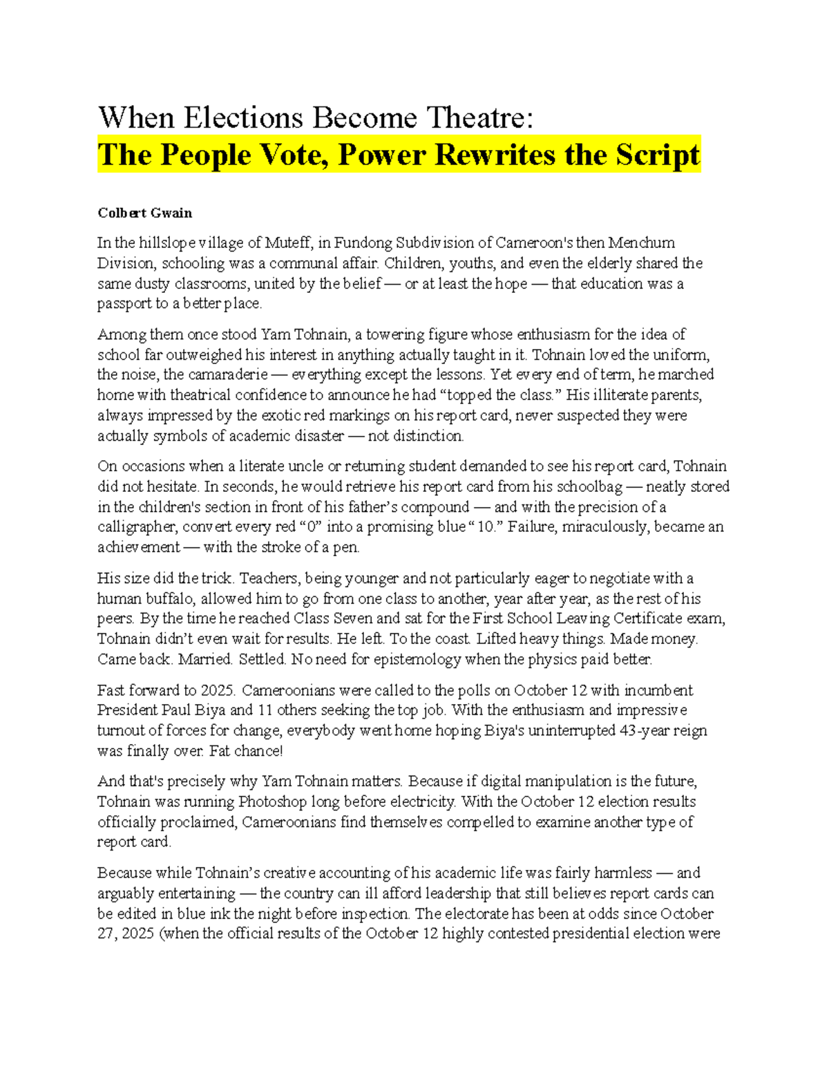 When Elections Become Theatre: A Study of Cameroon’s 2025 Polls - Studocu