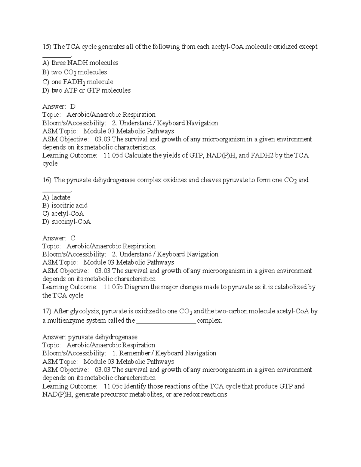 Test Bank: Prescott's Microbiology 12th Ed. (301) - TCA Cycle ...