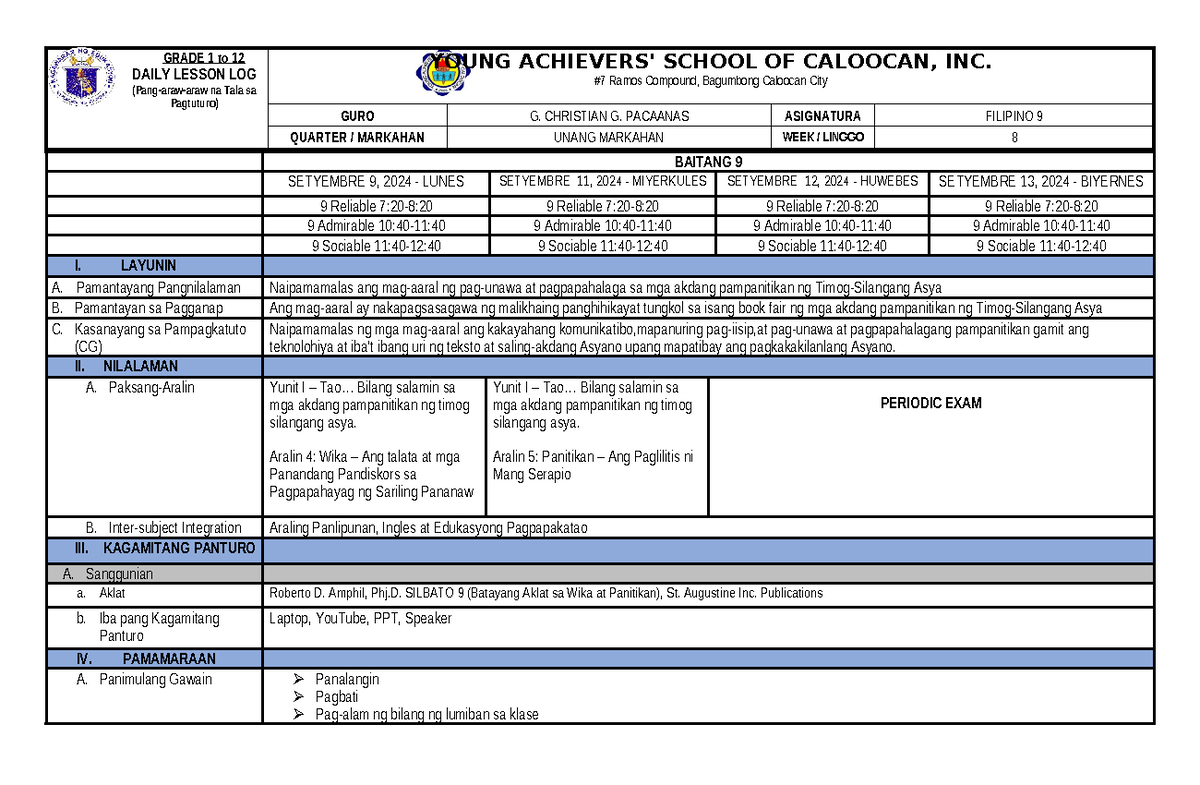 DLL Filipino 09 W8 - xfgdrdfgdfdfg - GRADE 1 to 12 DAILY LESSON LOG ...