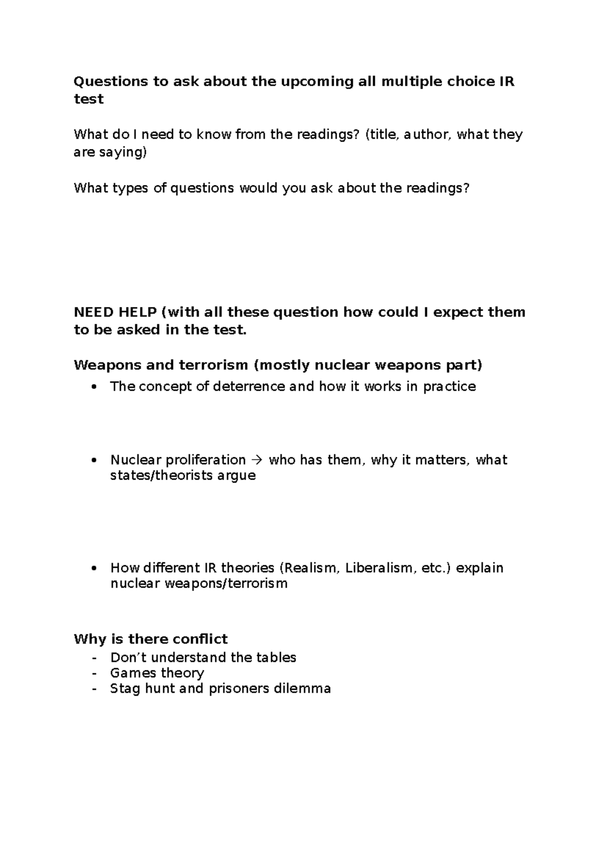 IR Test Prep: Key Questions on Weapons, Theories & Conflict - Studocu