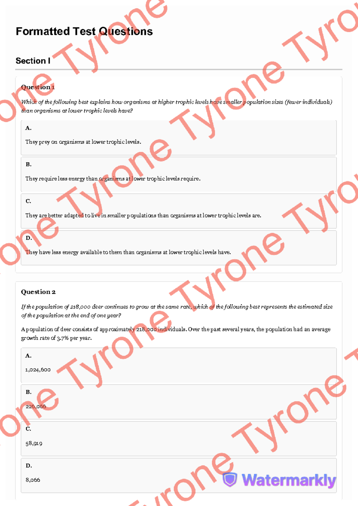 AP Bio INTL - Test Questions on Trophic Levels and Cell Biology - Studocu