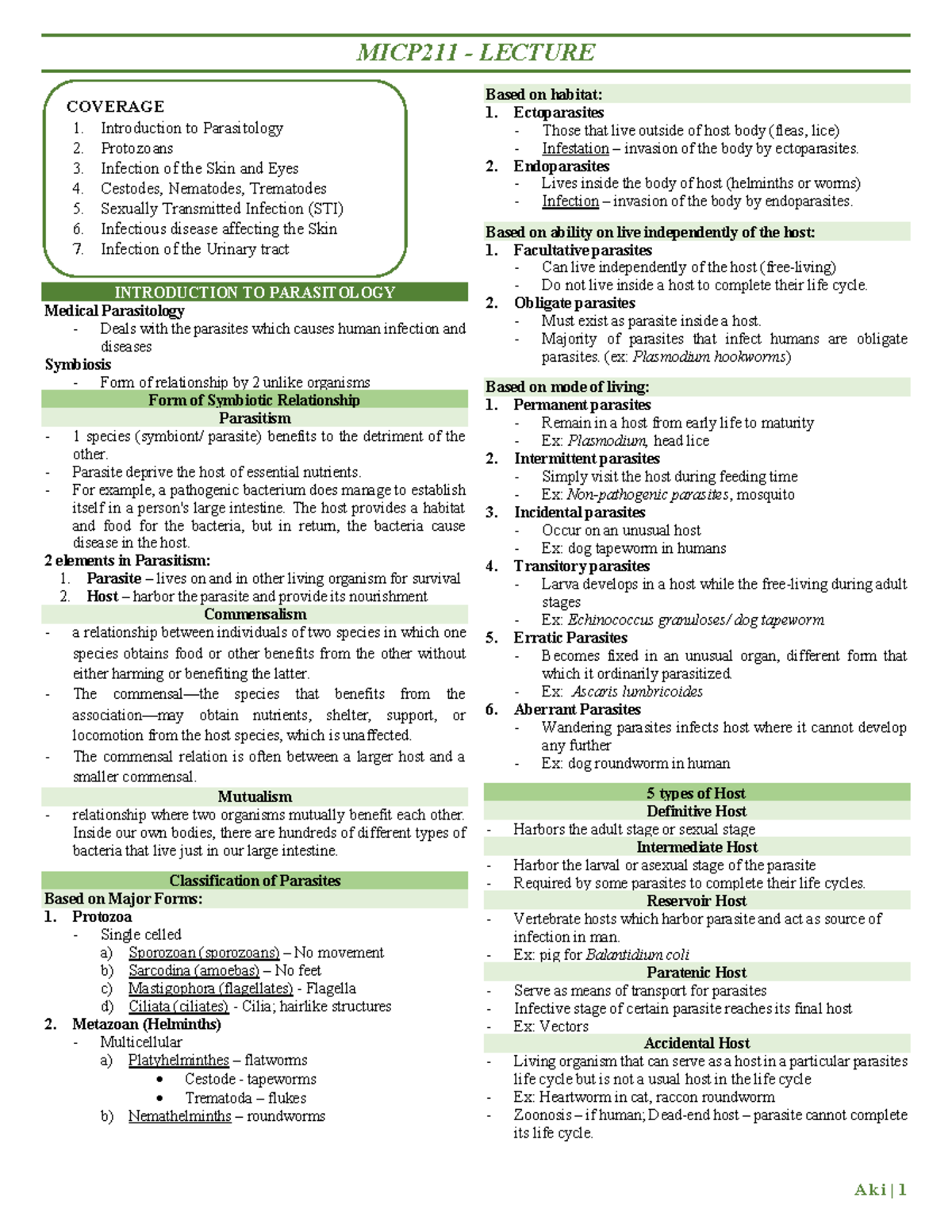 MICP211 LEC - Lecture Notes on Parasitology and Infections - Studocu