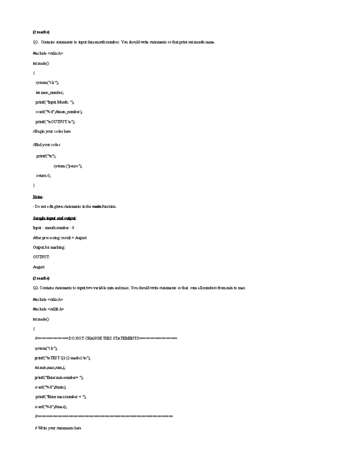 Đề Thử 1 - (2 marks) Q1. Contains statements to input data month number ...