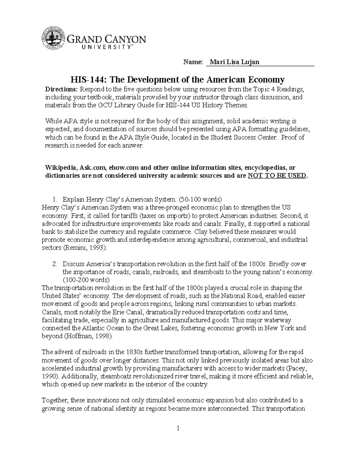 HIS-144: Development of the American Economy Worksheet Responses - Studocu