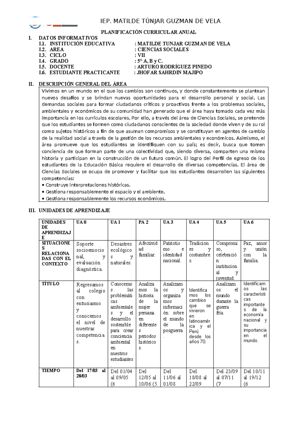 Planificación Curricular Anual IEP. MATILDE TÚNJAR GUZMAN DE VELA - Studocu
