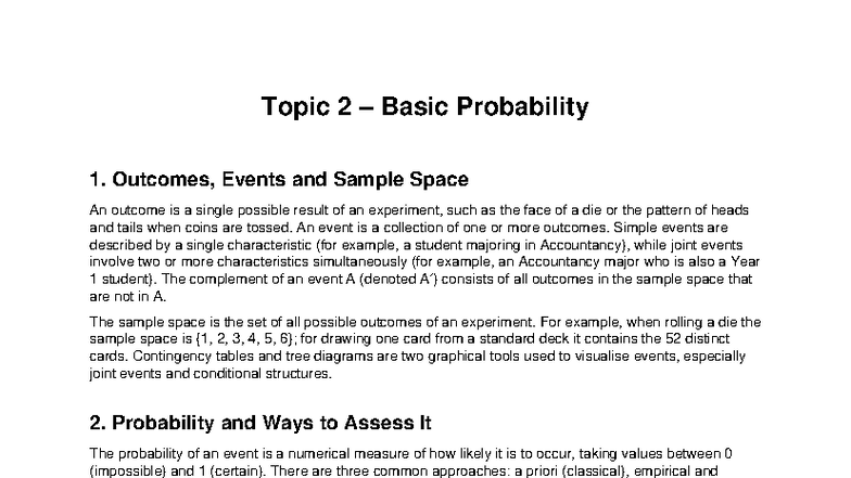 Topic 2: Basic Probability Summary - Outcomes, Events & Sample Space - Studocu