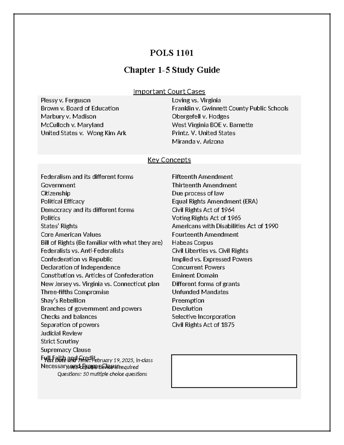 POLS 1101 Final Exam Study Guide: Key Cases & Concepts (Ch. 1-5) - POLS ...
