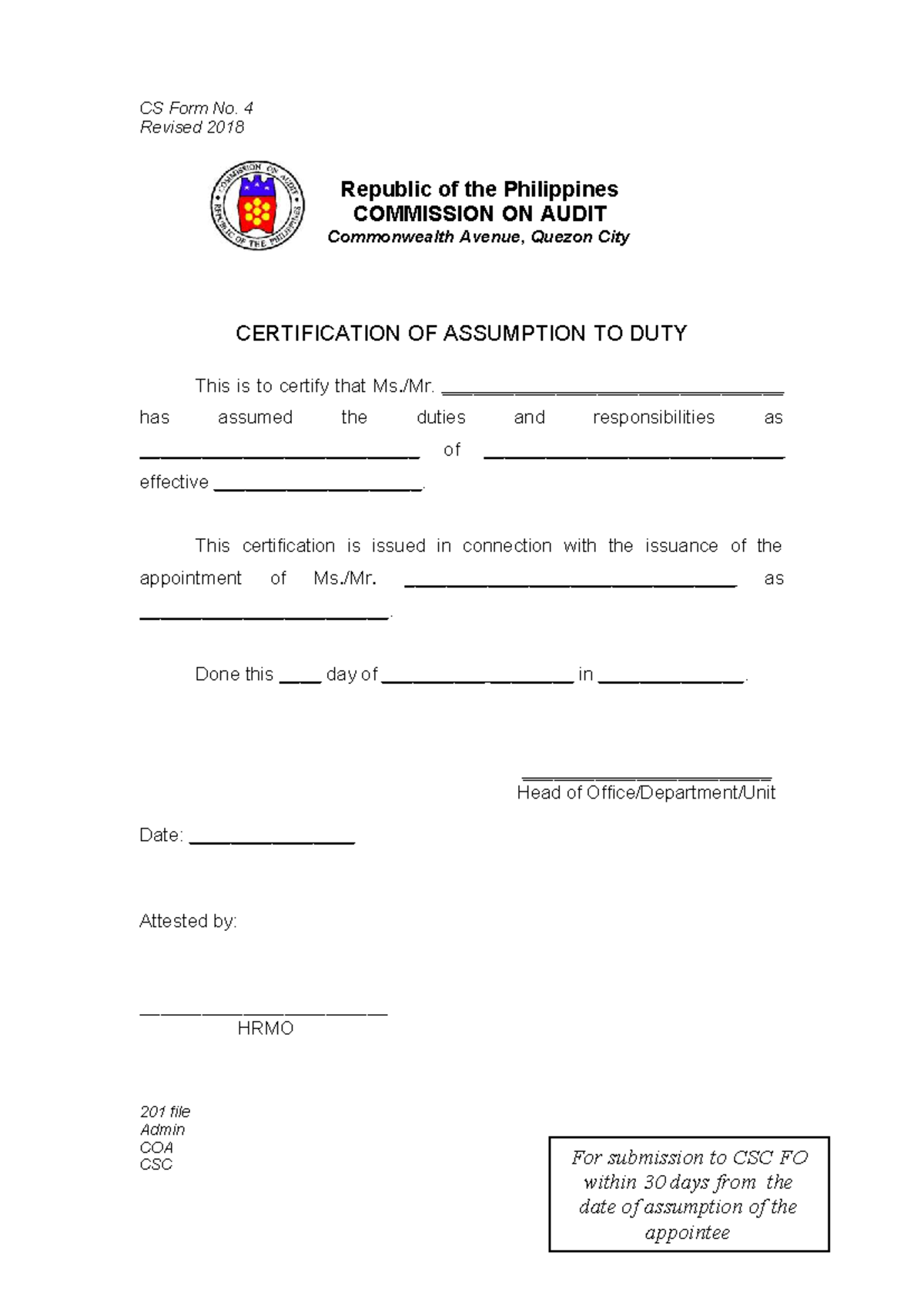 CS Form No 4 Rev2018-Cert of Assumption to Duty - CS Form No. 4 Revised ...