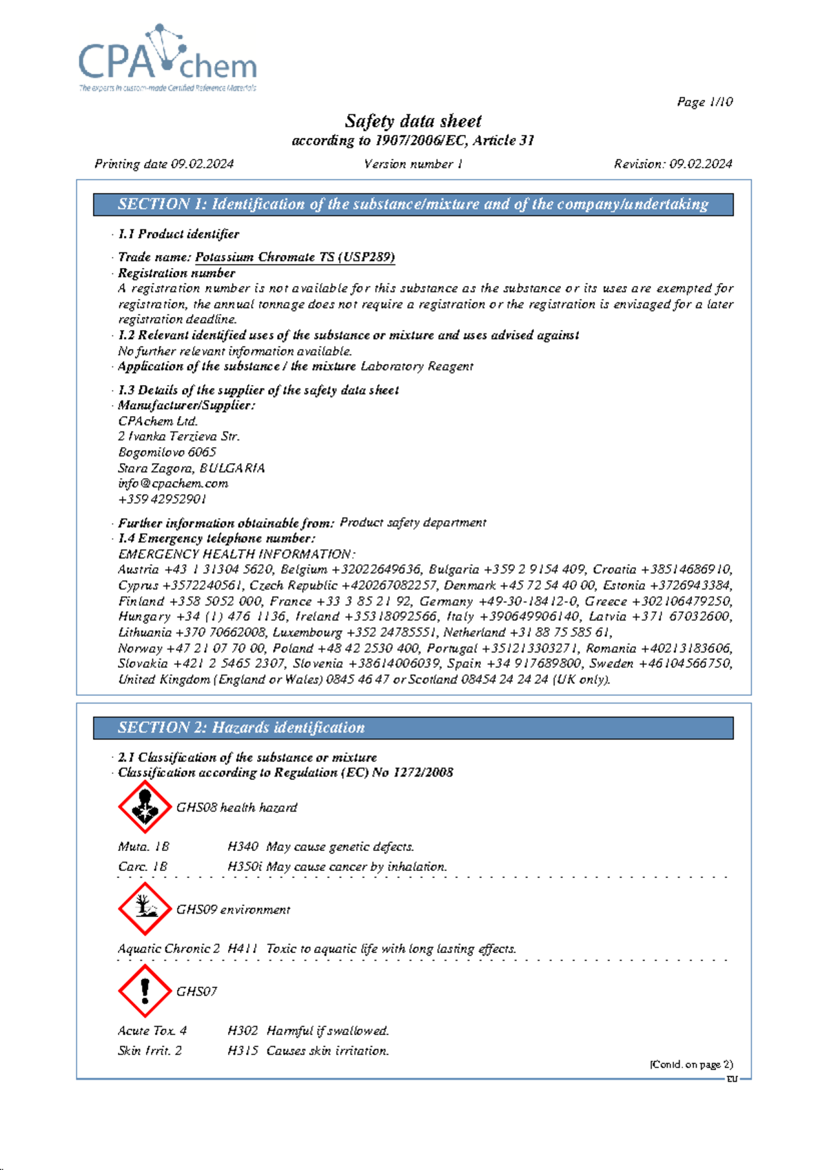Safety Data Sheet: Potassium Chromate TS (USP289) - EU Regulations ...