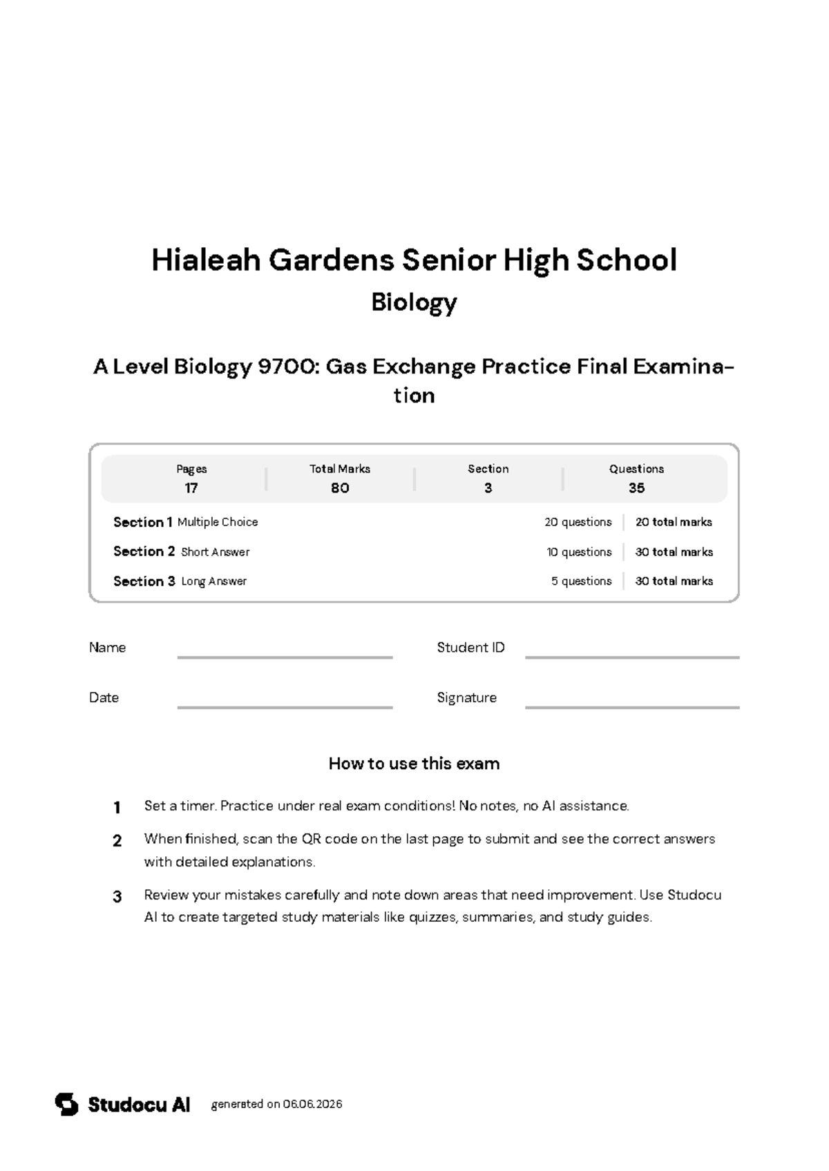 A Level Biology 9700: Gas Exchange Practice Final Exam - Studocu