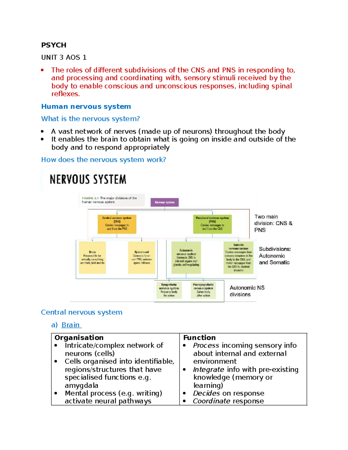 PSYCH UNIT 3 AOS 1: CNS & PNS Roles in Sensory Response Processing ...