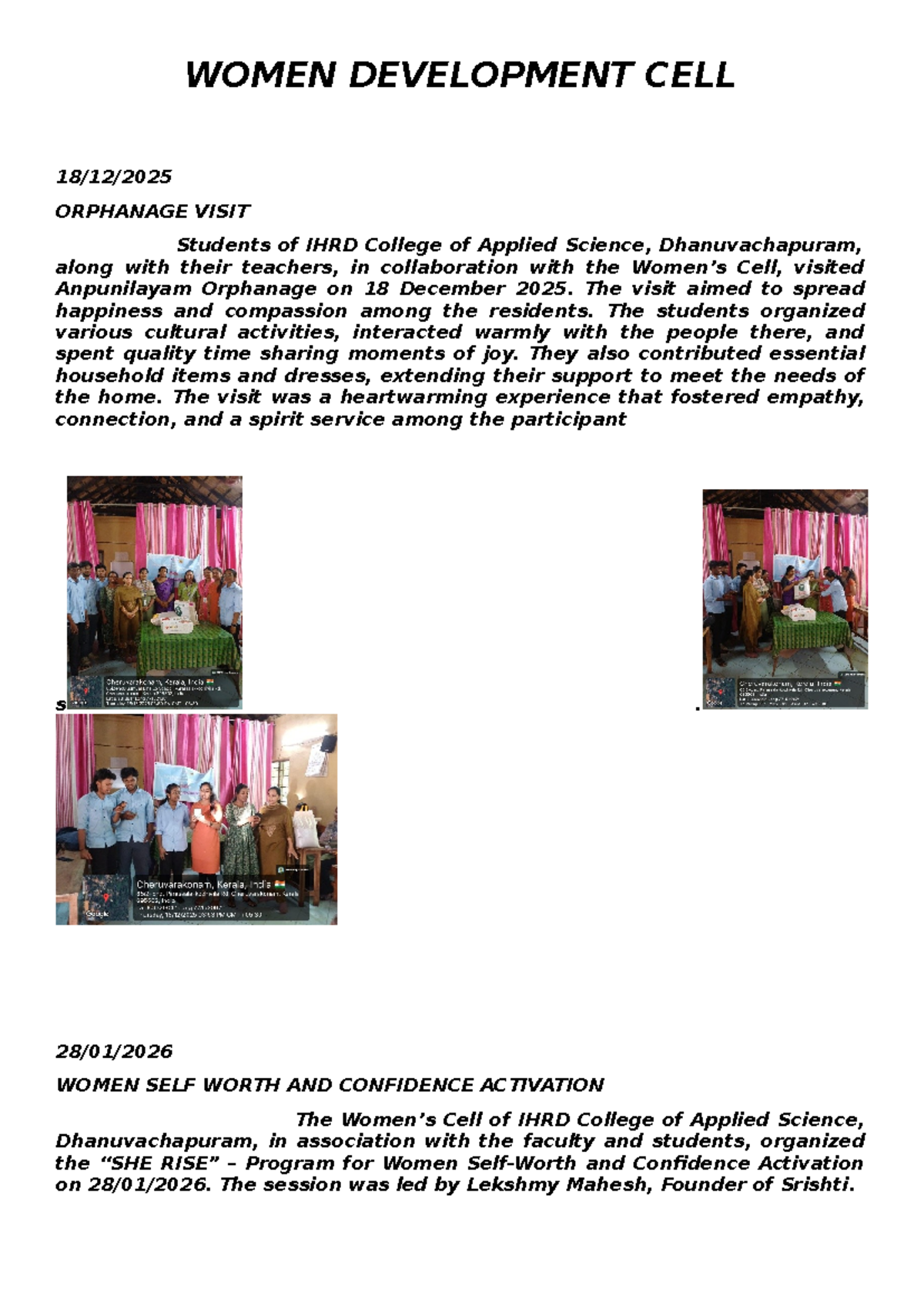 Women Development Cell Activities Report - IHRD College - Studocu