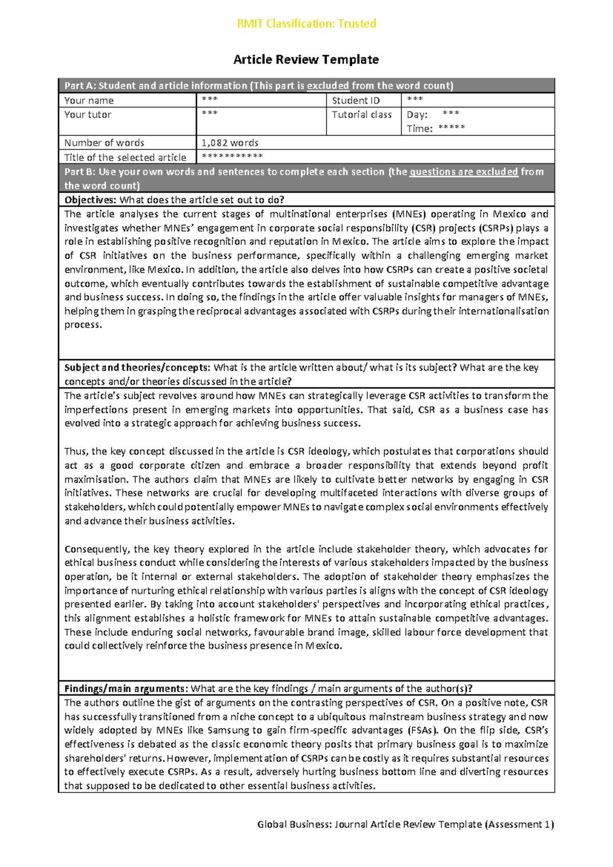 Sample 1- Journal Article Review - Global Business: Journal Article ...