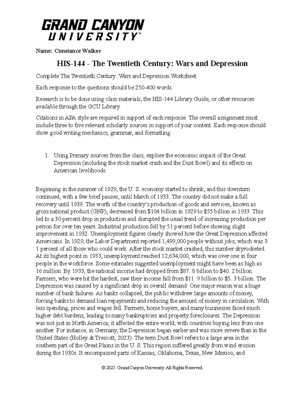 GCU HIST 202: Twentieth Century Wars & Depression Worksheet - Studocu
