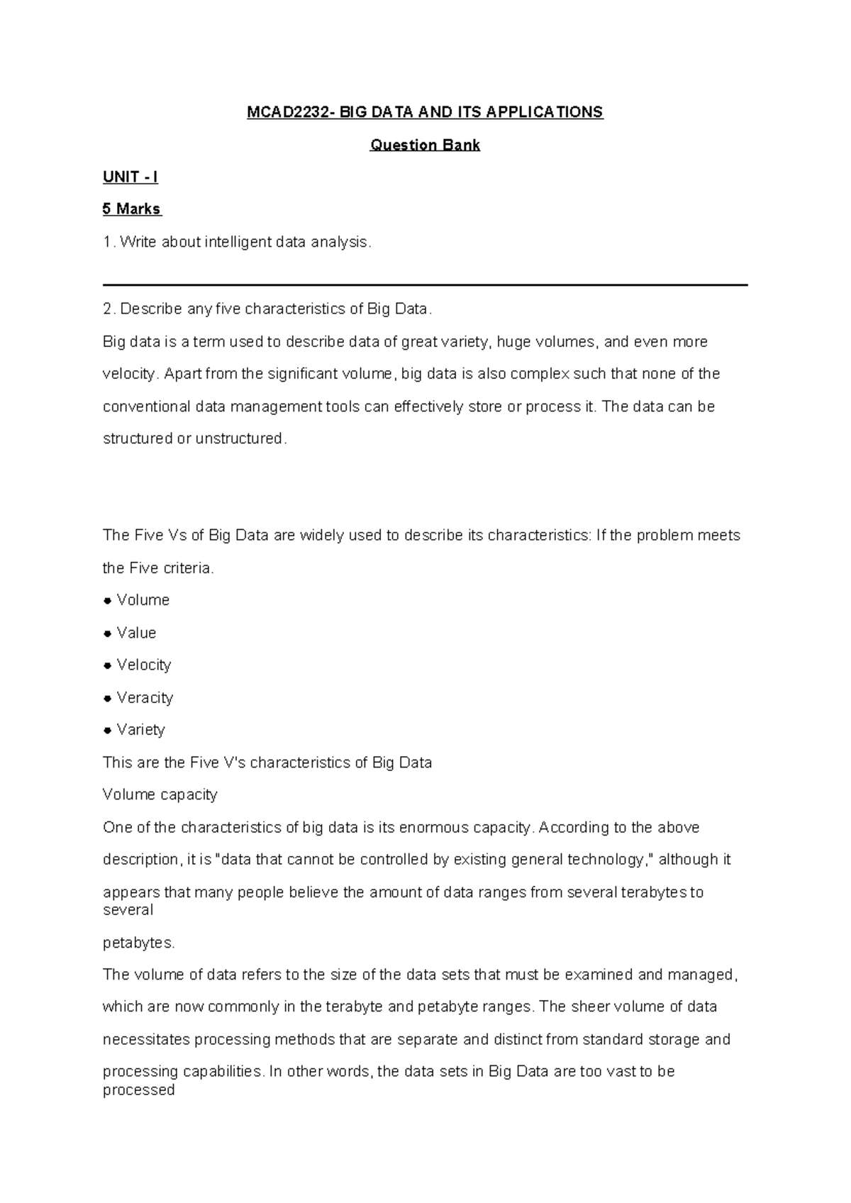MCAD2232 Big Data Question Bank - Study Materials and Insights - Studocu
