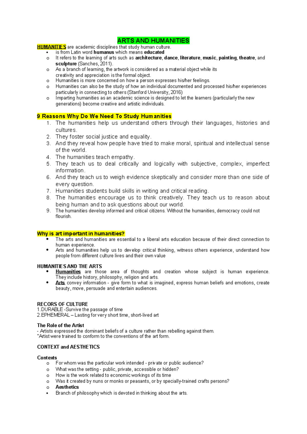 ARTS AND HUMANITIES 101: Comprehensive Study Guide - Studocu