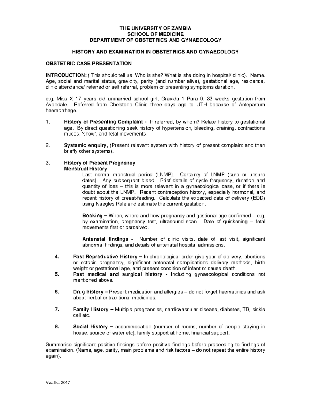 Clerking Sheet - Case Presentation in Obstetrics & Gynaecology MBCh B ...