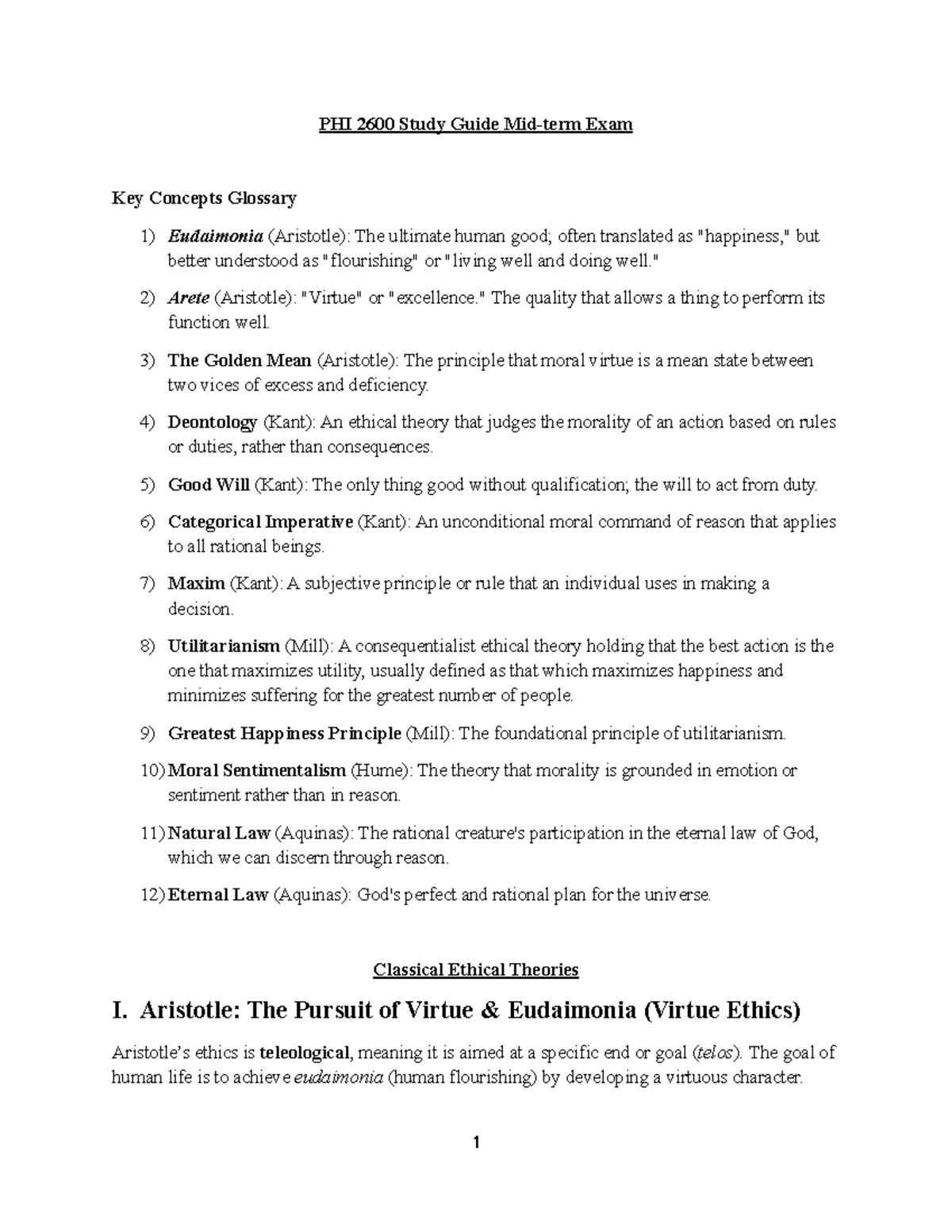 PHI 2600 Midterm Exam Study Guide: Key Concepts in Ethics - Studocu