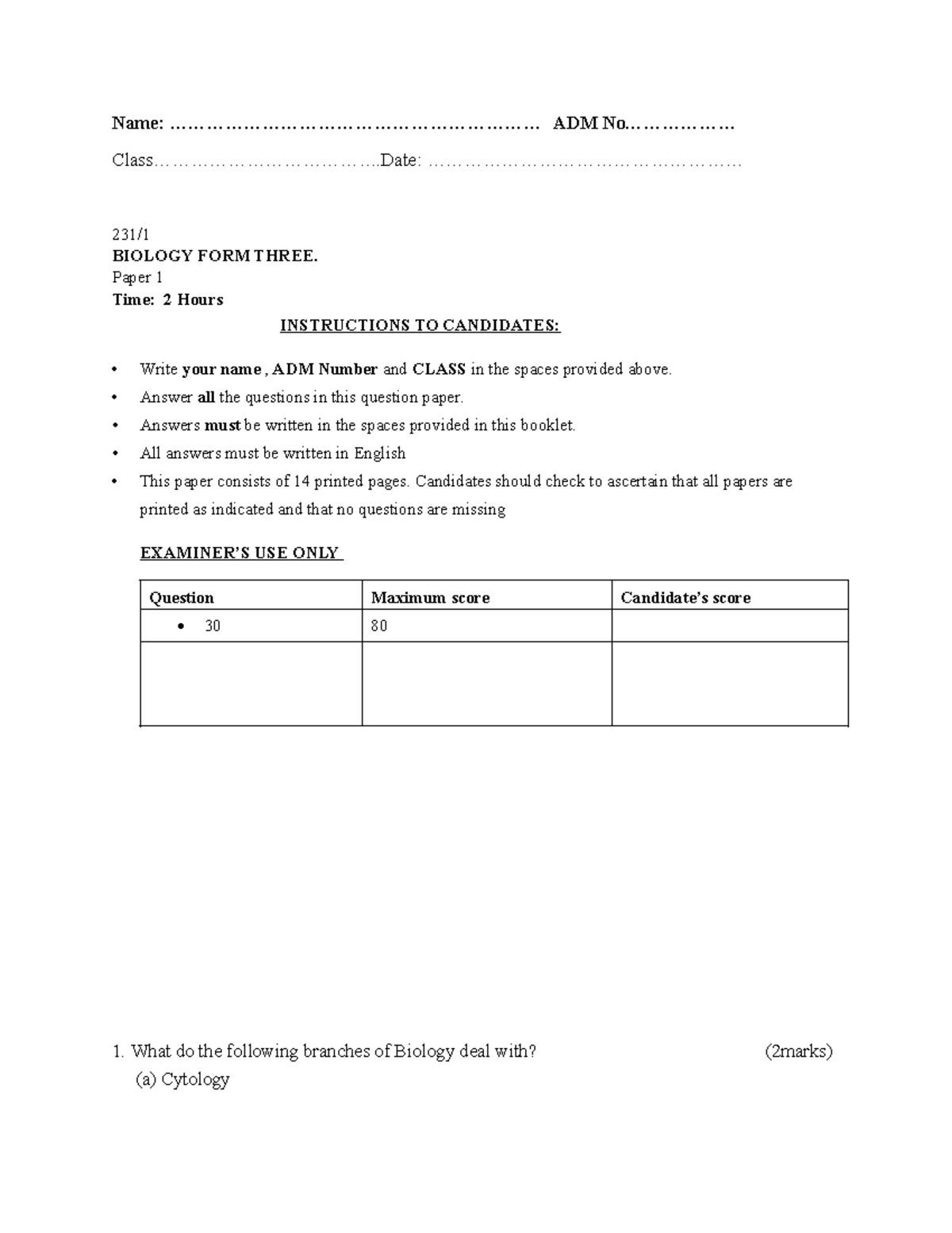 Title: ADM BIOLOGY FORM THREE - Paper 1 Exam Guide - Studocu