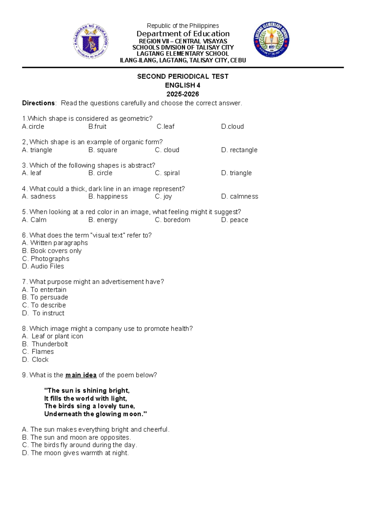 2nd Periodical Test in English 4 (SY 2025-2026) - Studocu