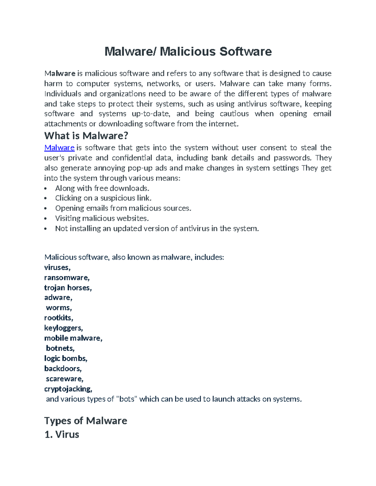 CS101 - Malware and Cybersecurity Notes: Understanding and Protecting ...