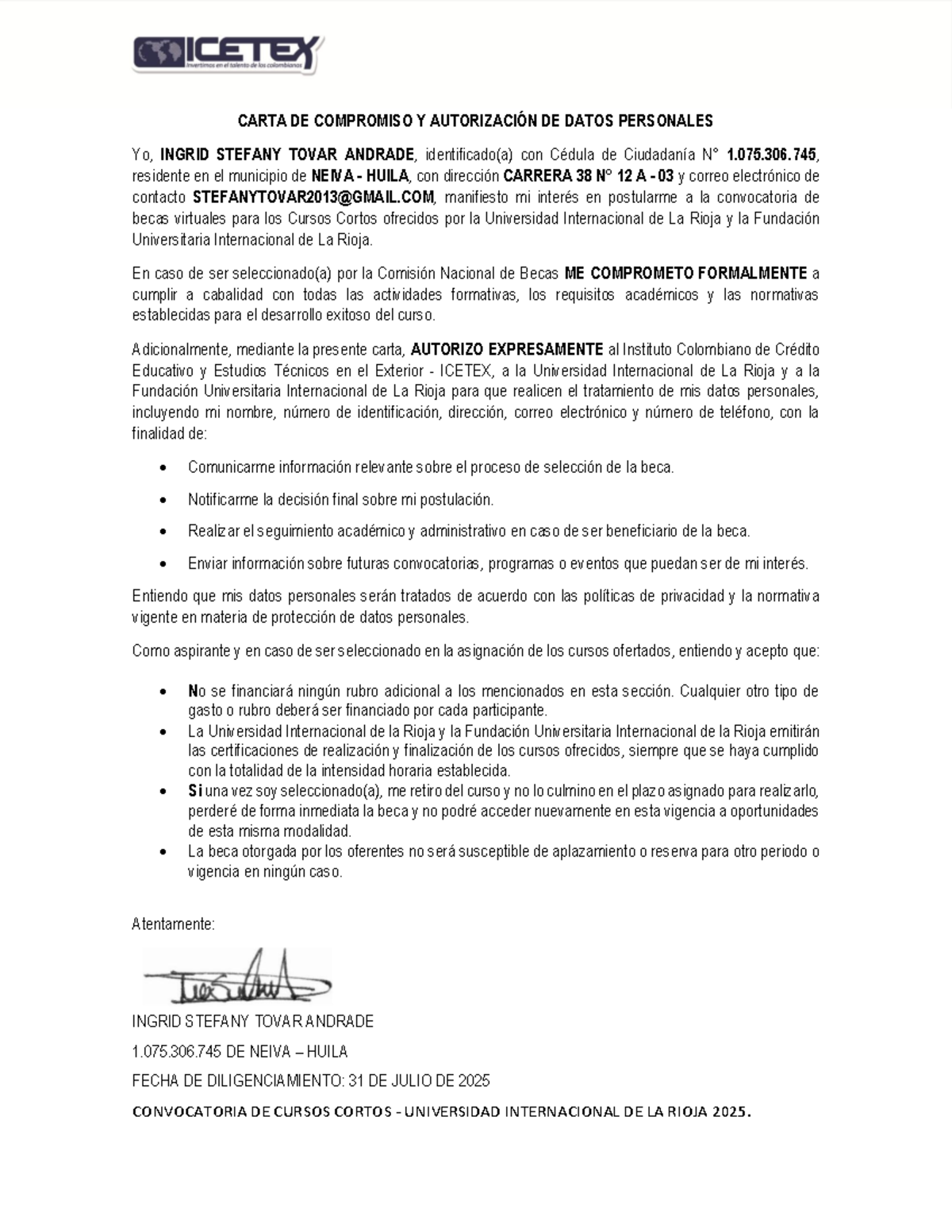 CARTA DE COMPROMISO Y AUTORIZACIÓN - CURSOS CORTOS UNIR 2025 - Studocu