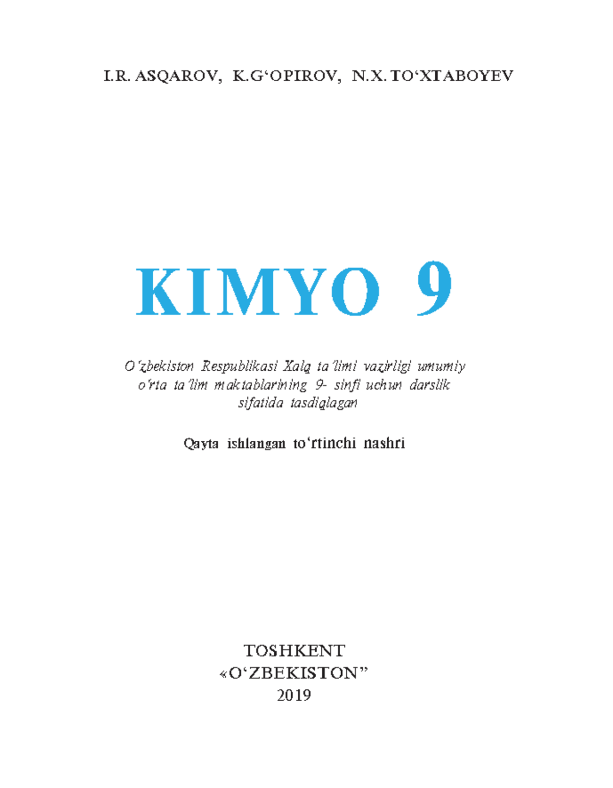 9-sinf Kimyo Darsligi: Asqarov, G‘opirov, To‘xtaboyev 4-nashr - Studocu