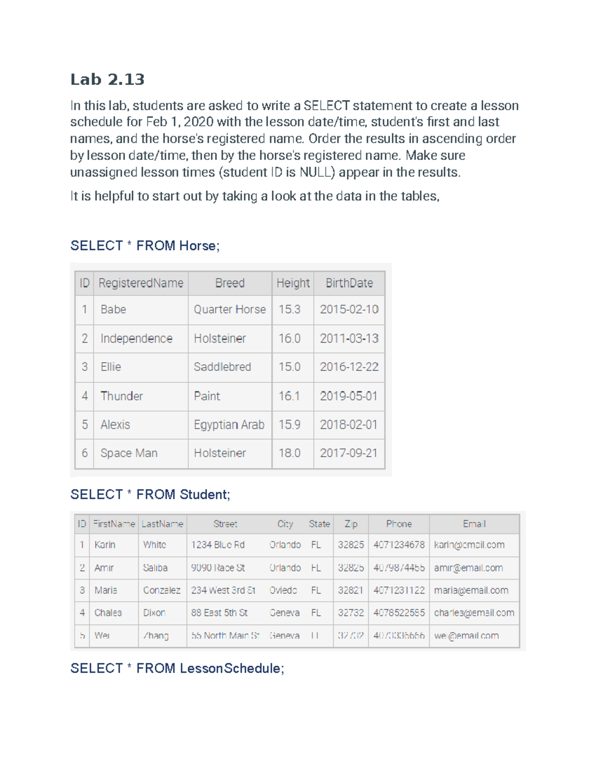 Lab 2 - Creating Lesson Schedule with SELECT Statement - Studocu