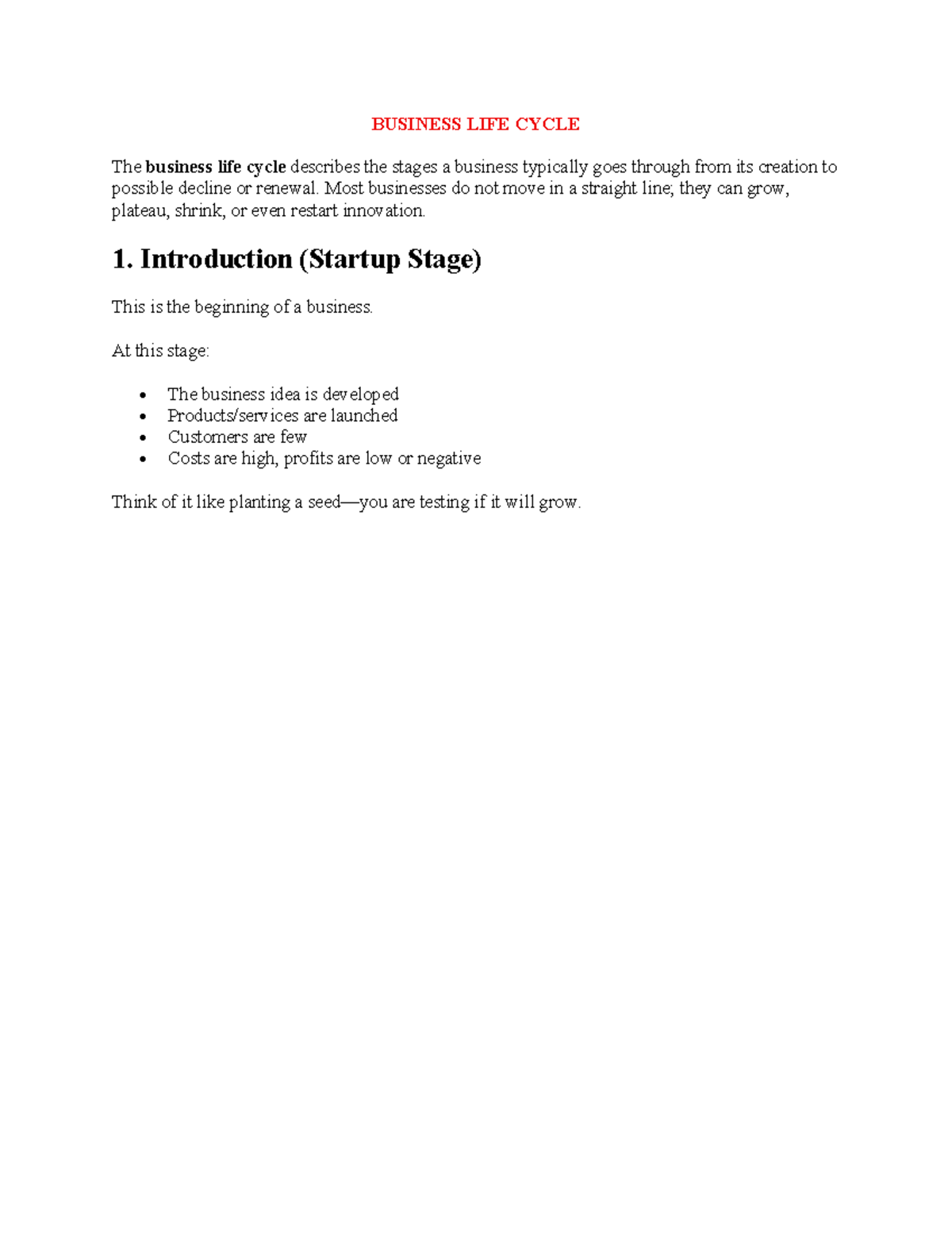 BUS 101: Comprehensive Notes on the Business Life Cycle - Studocu
