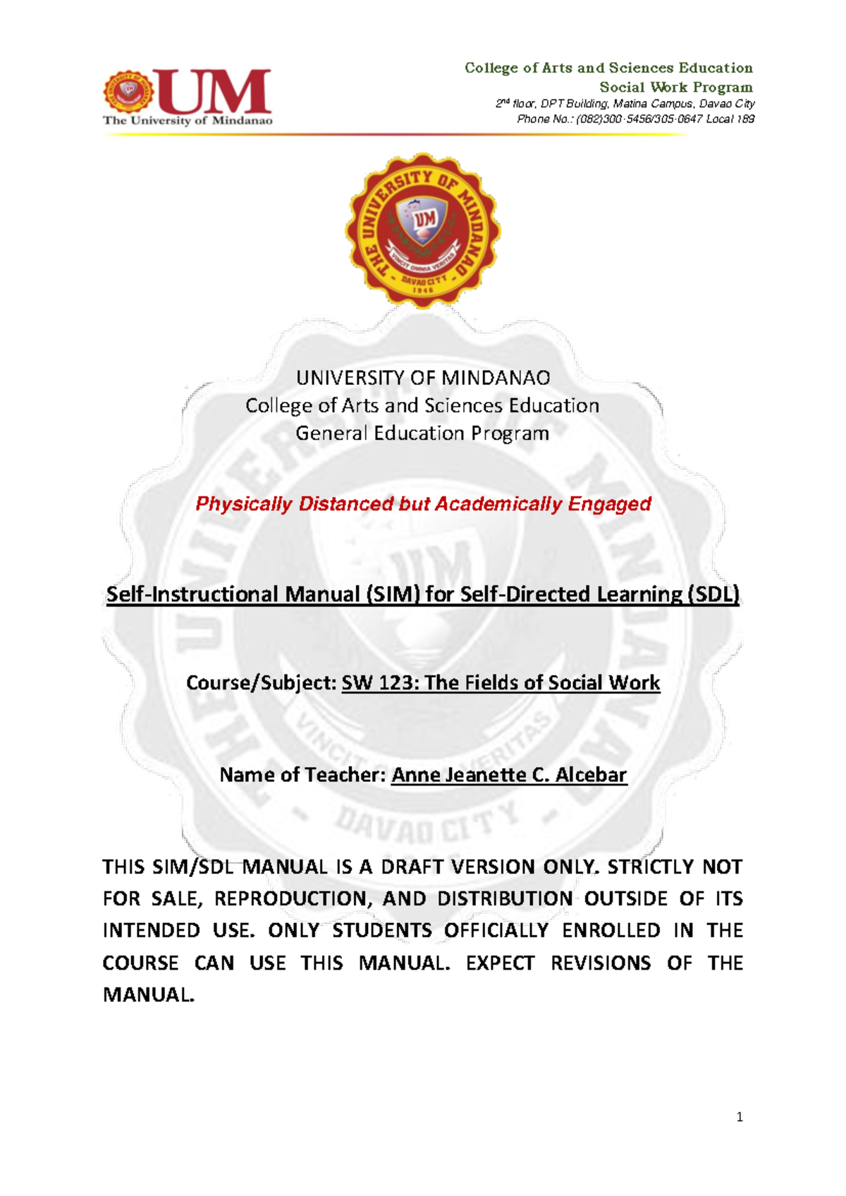 SW-123-SIM - I love you - Social Work Program 2 nd floor, DPT Building ...