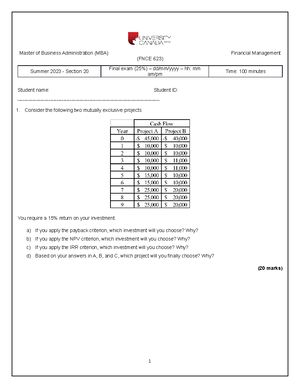 FNCE 623 - UCW - financial management - Studocu