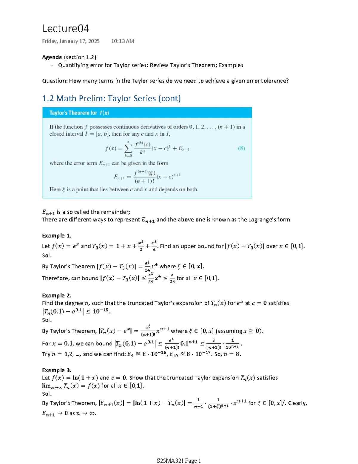 Taylor Series Error Quantification - S25MA321 Lecture Notes - Studocu