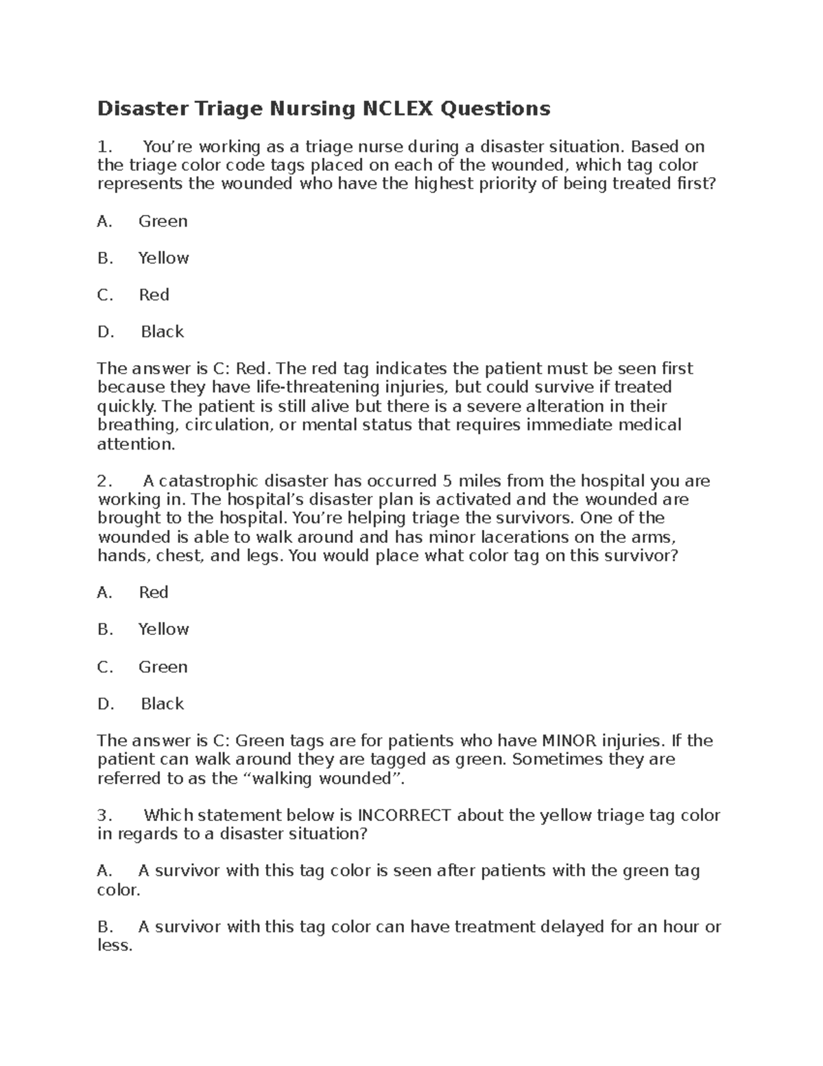Disaster Triage Nursing NCLEX Review Questions and Answers - Studocu